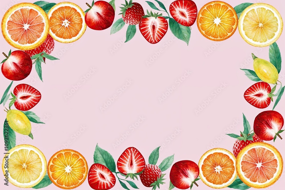 Fruit Frame Watercolor Design with Citrus and Strawberry Flower Border ...