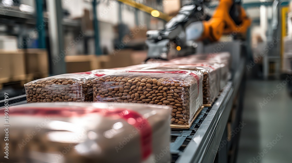 Robotic arm packs and seals pet food bags, stacking on pallets for ...