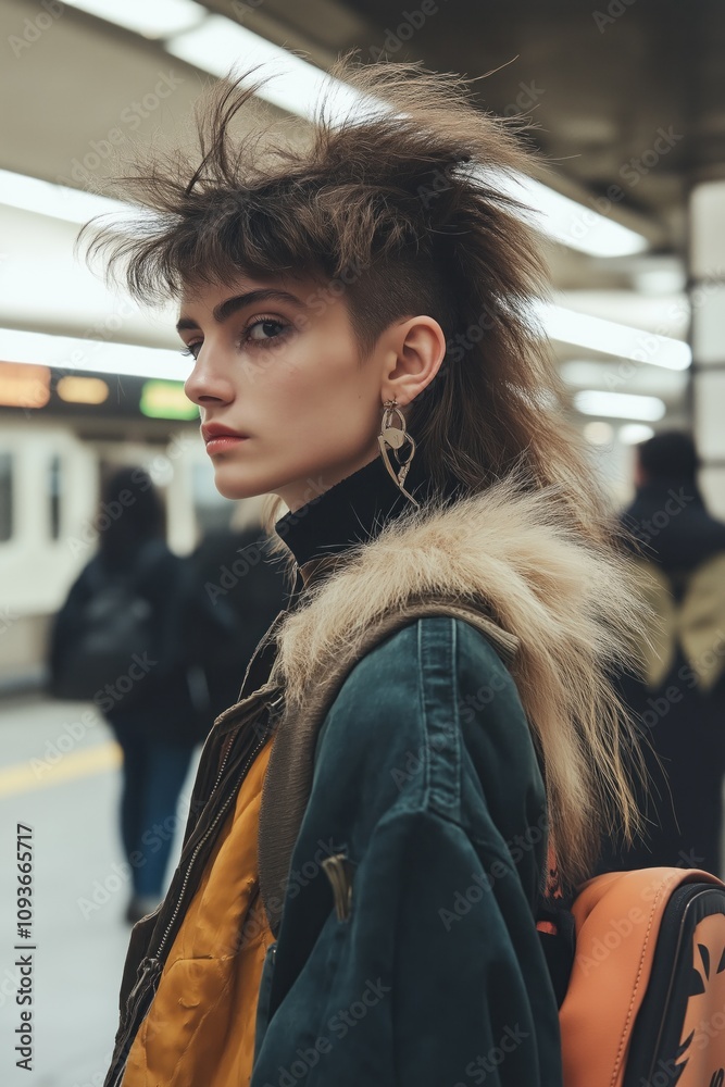 Person with edgy wolf cut near subway. Stylish fashion. Eclectic street ...