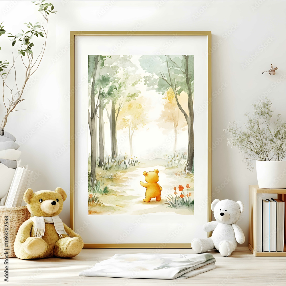 Watercolor painting of Winnie the Pooh in a forest simple design large ...