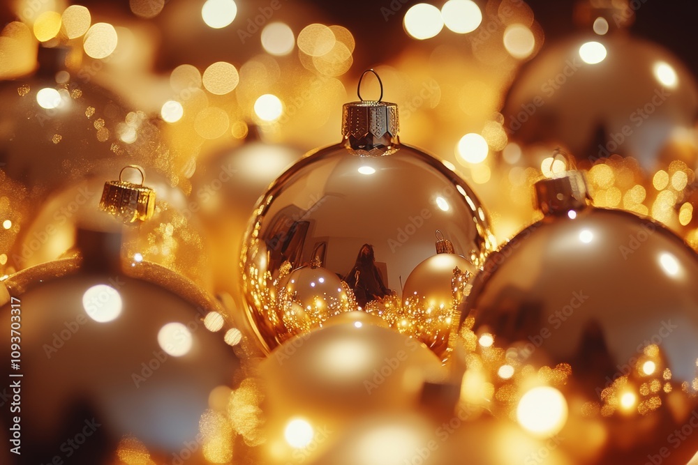 close-up of luxe metallic golden bauble ornaments reflecting the warm ...
