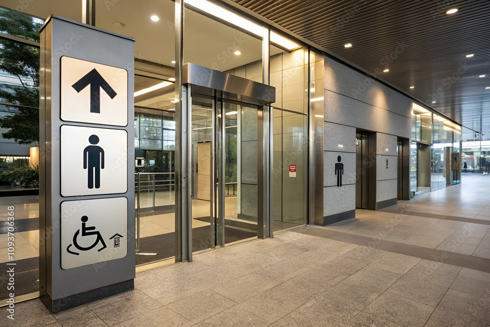 Modern entrance with clear signage for restrooms and an elevator in a ...