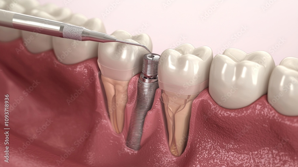 dentist performing root canal treatment focusing tooth metal implant ...