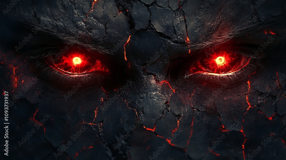 Fiery red eyes with a radiant glow emerge from deep cracks in a dark ...