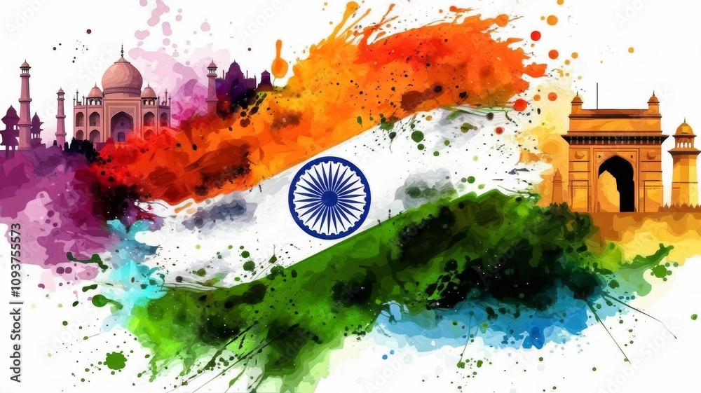 An Indian flag filled with an explosion of colors. Landmarks such as ...
