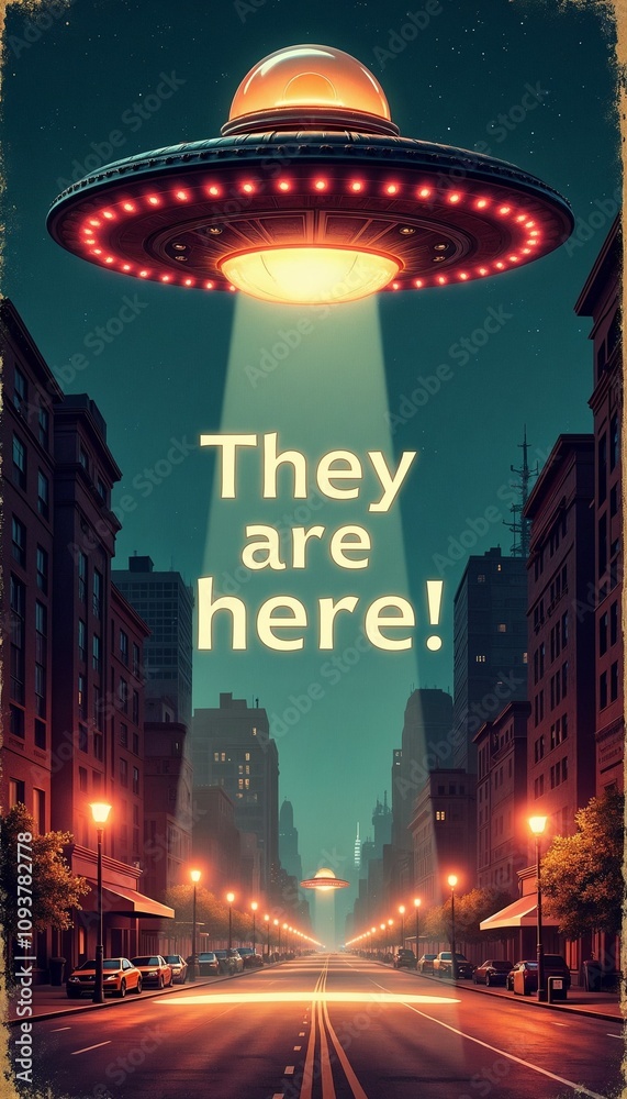 Retro sci-fi UFO poster in 1950s style, beam of light with caption ...
