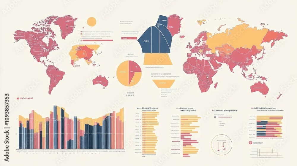Colorful World Map Infographic Displaying Global Data Trends with Graphs and Charts Representing ...