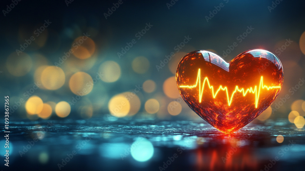 glowing heart illuminated with a pulsating heartbeat line, symbolizing ...