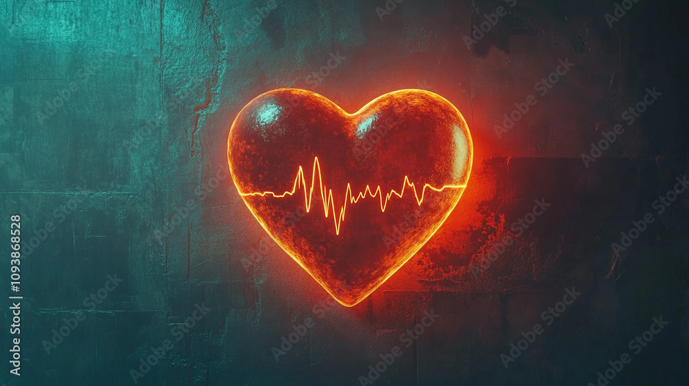 glowing heart illuminated with a pulsating heartbeat line, symbolizing ...