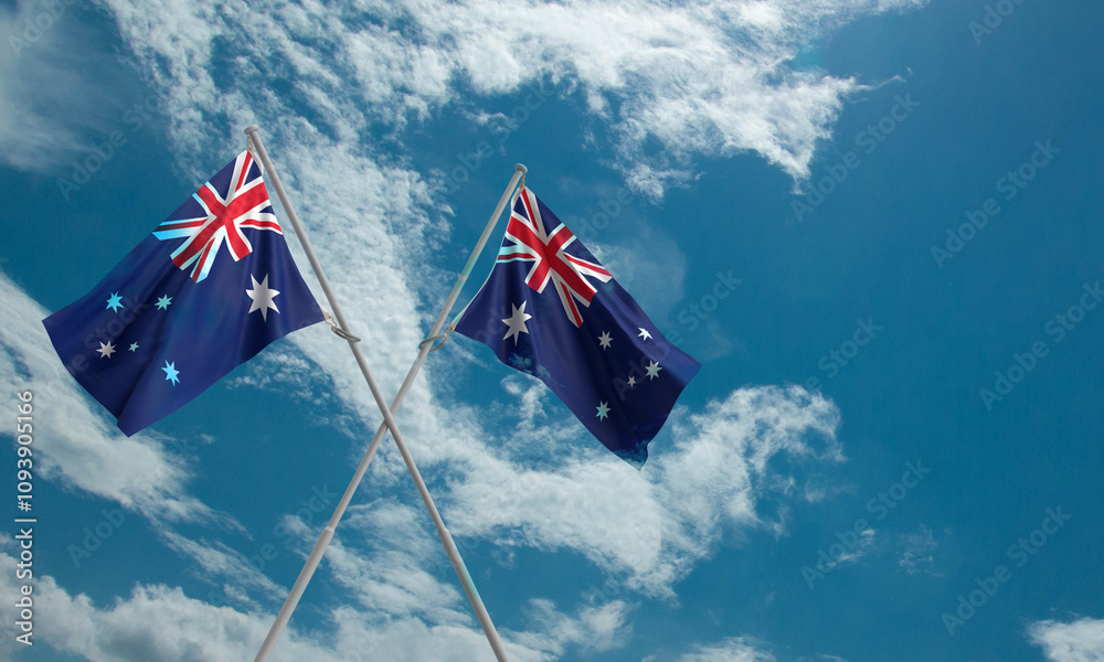 Two twin object flag australia country national blue sky cloudy white ...