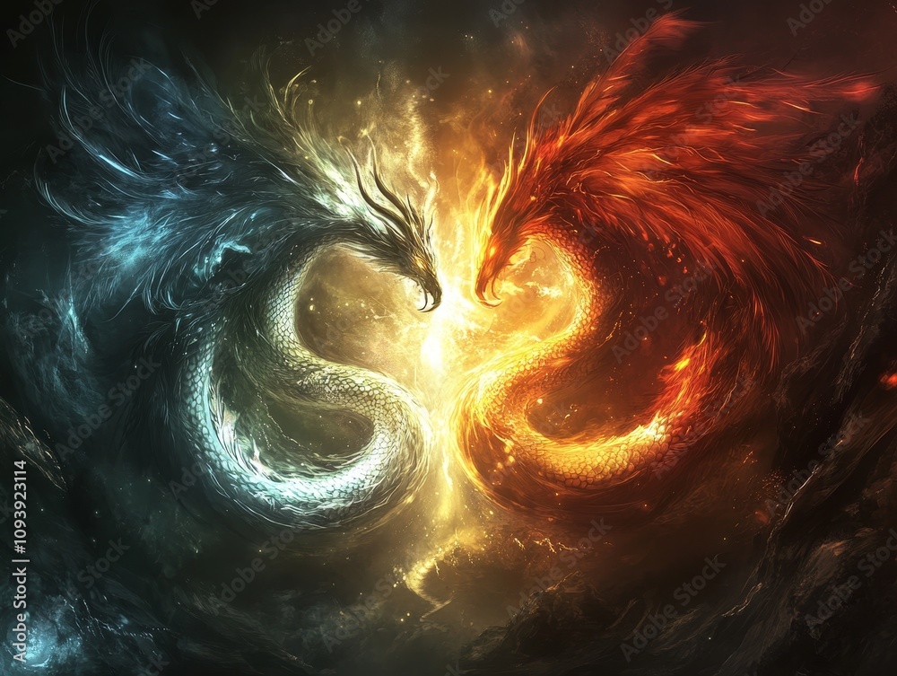 Epic battle of elements dragon and phoenix spiraling together in a ...