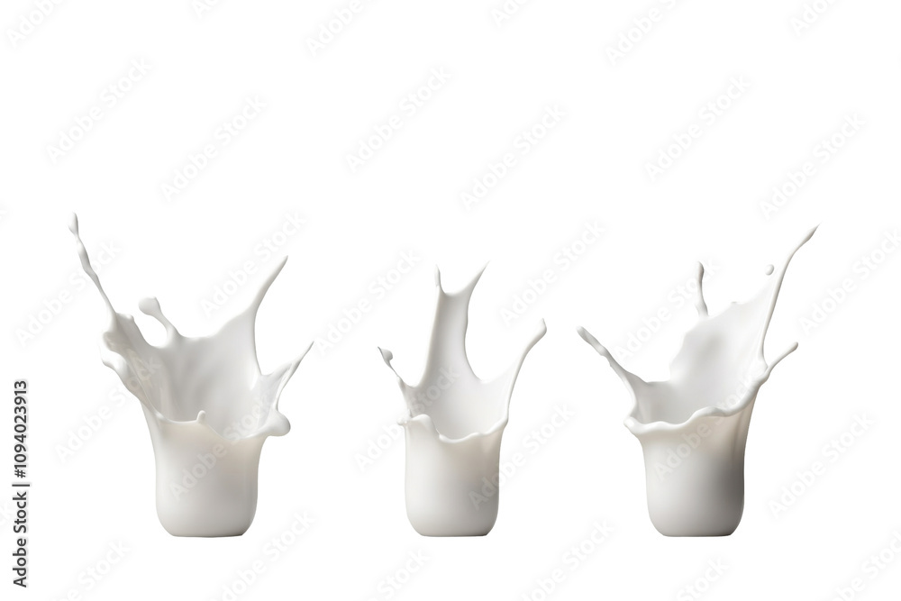 Set of Splashes of milk burst energetically from clear containers ...