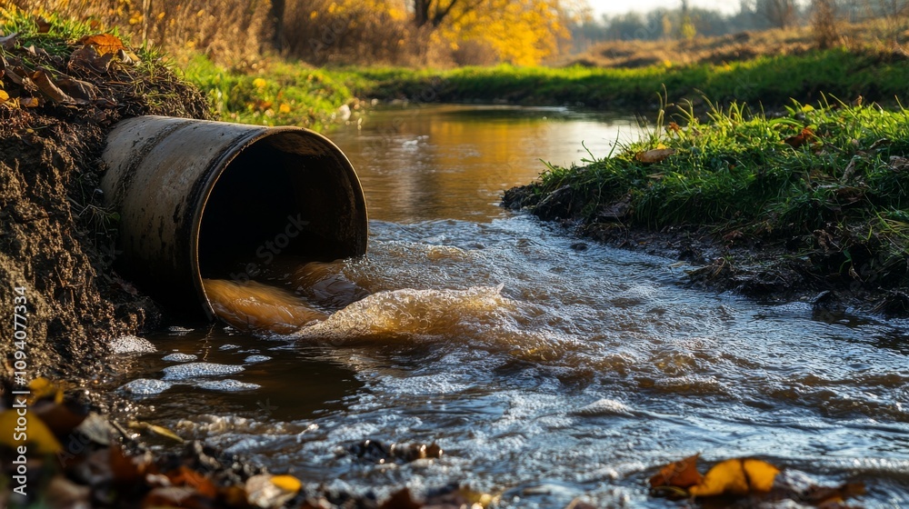 93.A pipe releasing untreated sewage into a river, with visible ...