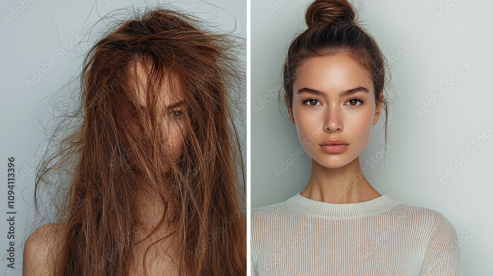 split frame image shows transformation from messy to sleek hair ...