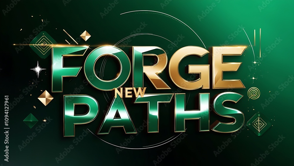 Green and gold 3D text "Forge New Paths" on a dark green background ...
