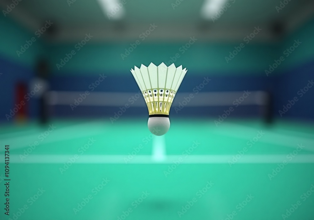 Shuttles cork floating above a badminton court during a competitive ...