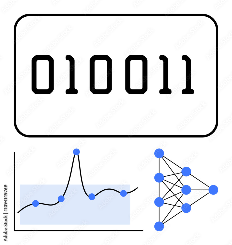 Binary code line chart with data points, neural network diagram. Ideal ...