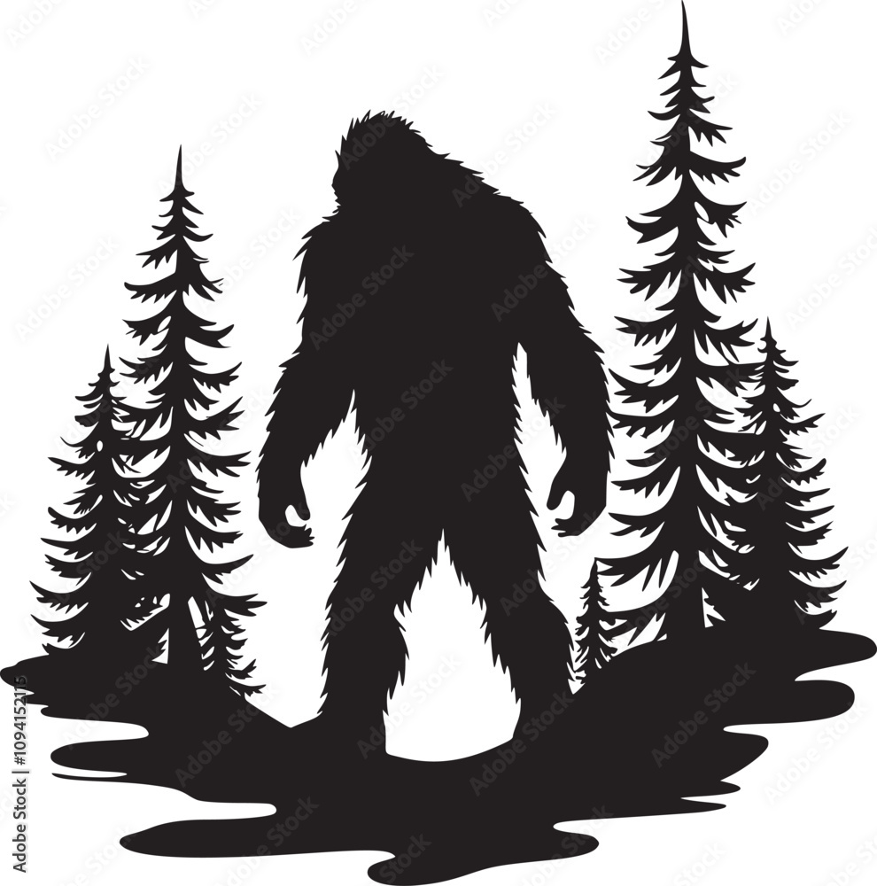 Bigfoot silhouette vector illustration in black and white, standing in ...
