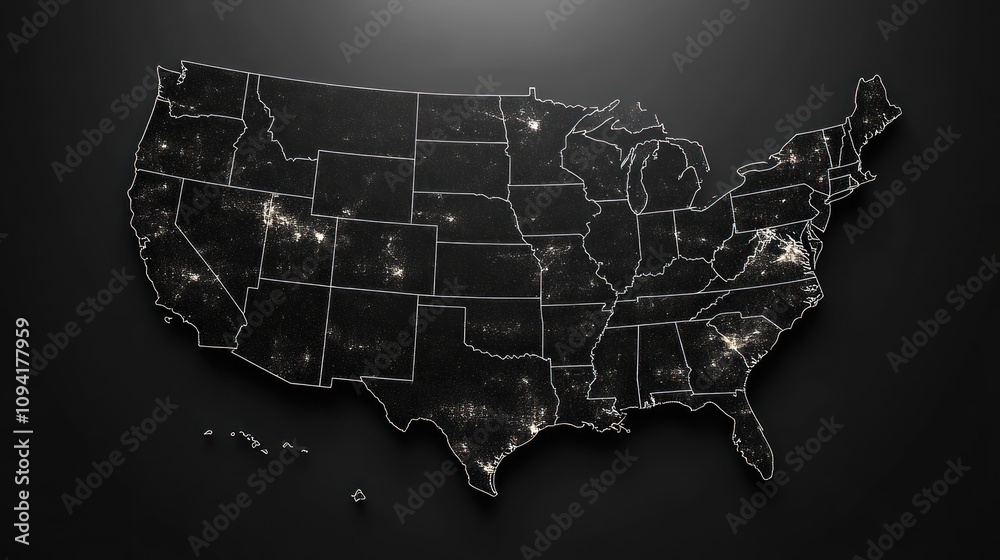 United States Map Showing City Lights At Night Stock Illustration ...