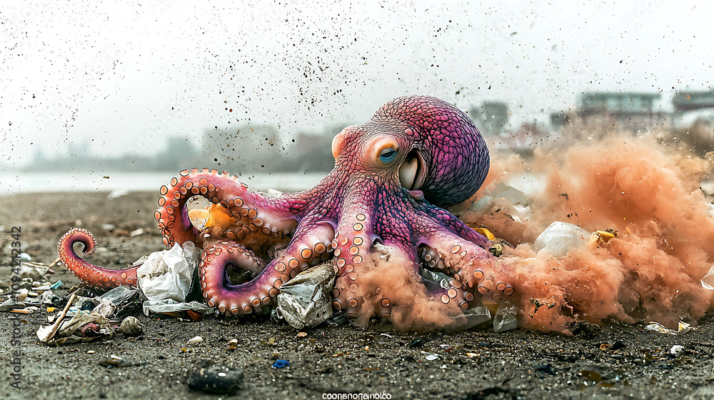 Octopus Struggles Amid Pollution Beach Cleanup Event Coastal ...
