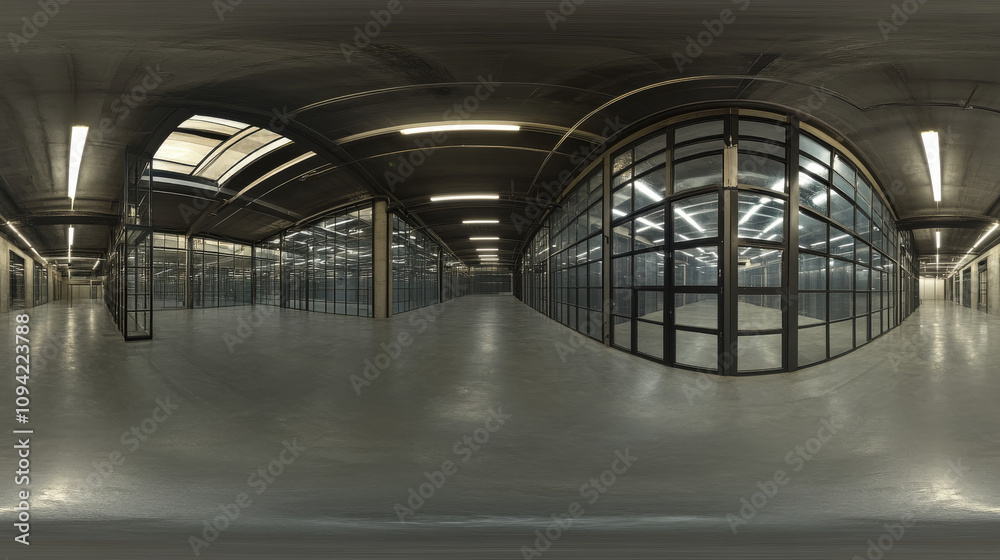 360 degree panorama view.A 3D image shows a modern, dark industrial ...