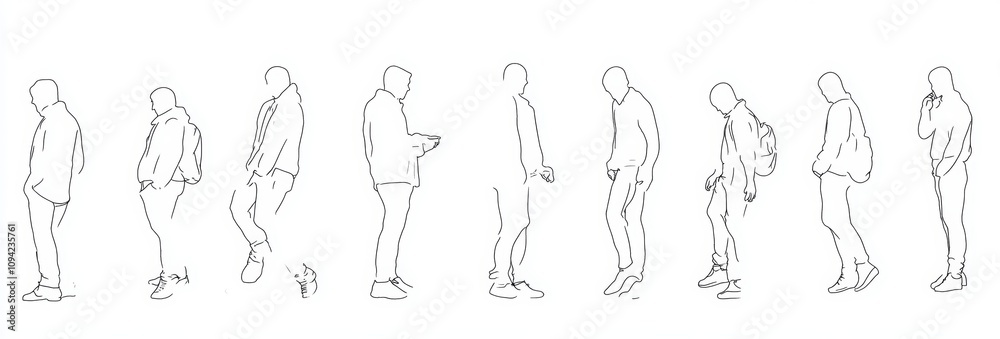 Silhouette Outline Drawing of Various Human Figures Poses Minimalist ...