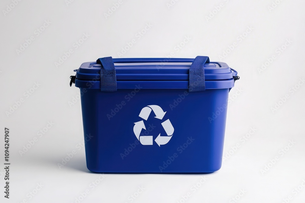 large blue plastic bin with the circular recycling logo on it, made of ...