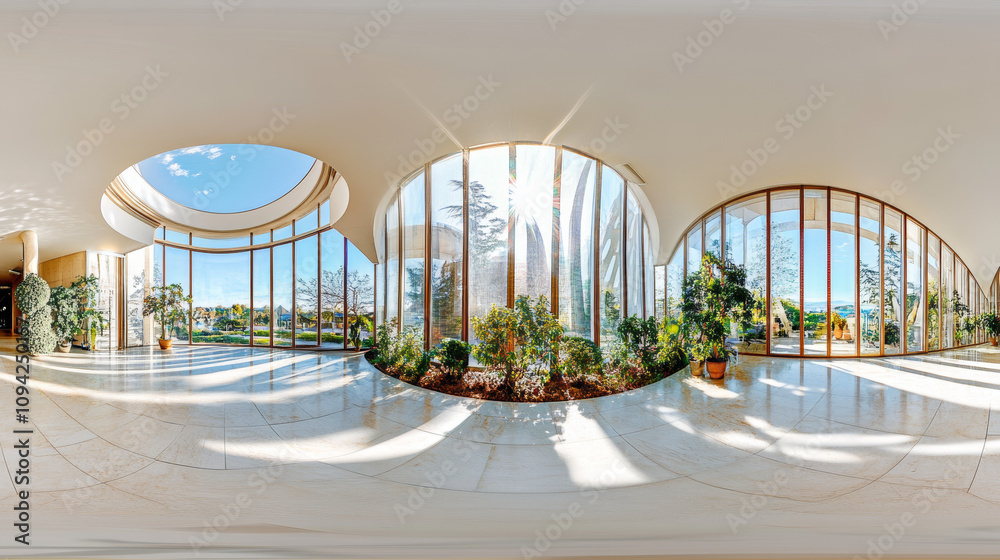 360 degree panorama view.A 3D image shows a building's exterior. The ...