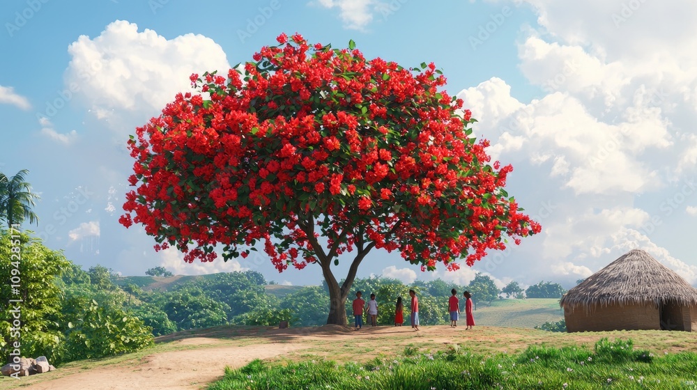 3D animation, childrens are playing under the gulmohar tree which full ...