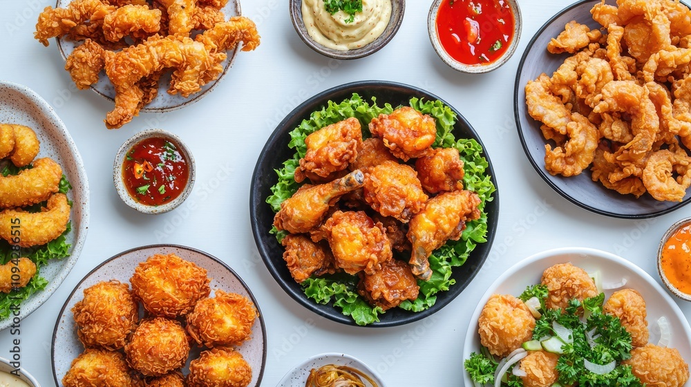 5 different dishes and plates of fried foods like fried fish, crispy ...