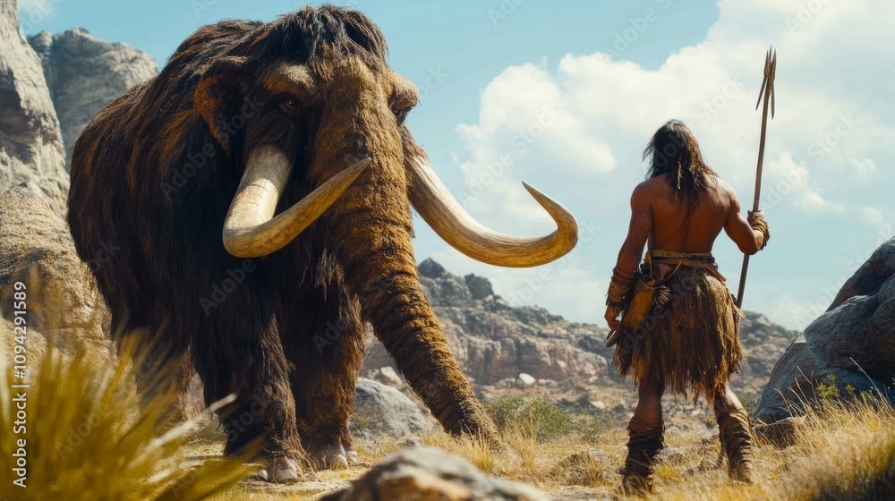 Neanderthal Man Facing Woolly Mammoth in Prehistoric Landscape with ...