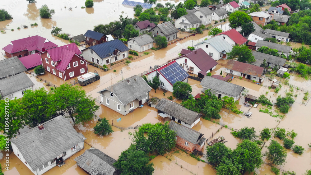 Aerial View of Flooded Residential Neighborhood. Aerial image showing a flooded residential ...