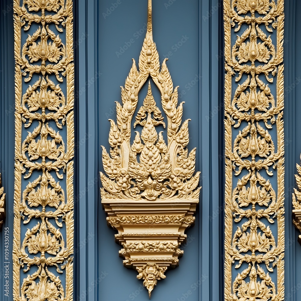 Temple Facade Details with Carved Patterns and Golden Textures in a ...