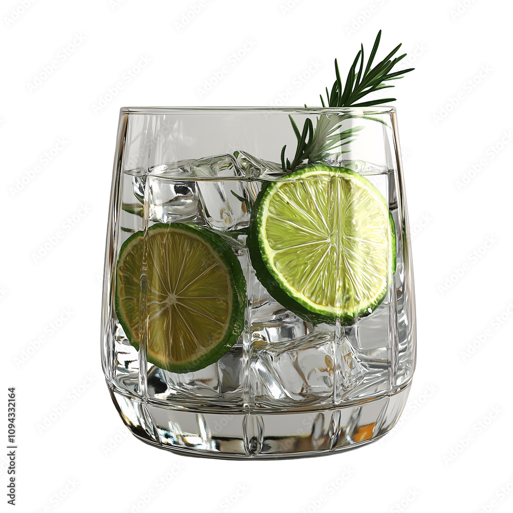 Classic highball glass with a gin and tonic, visible ice cubes, lime slice, and a sprig of ...