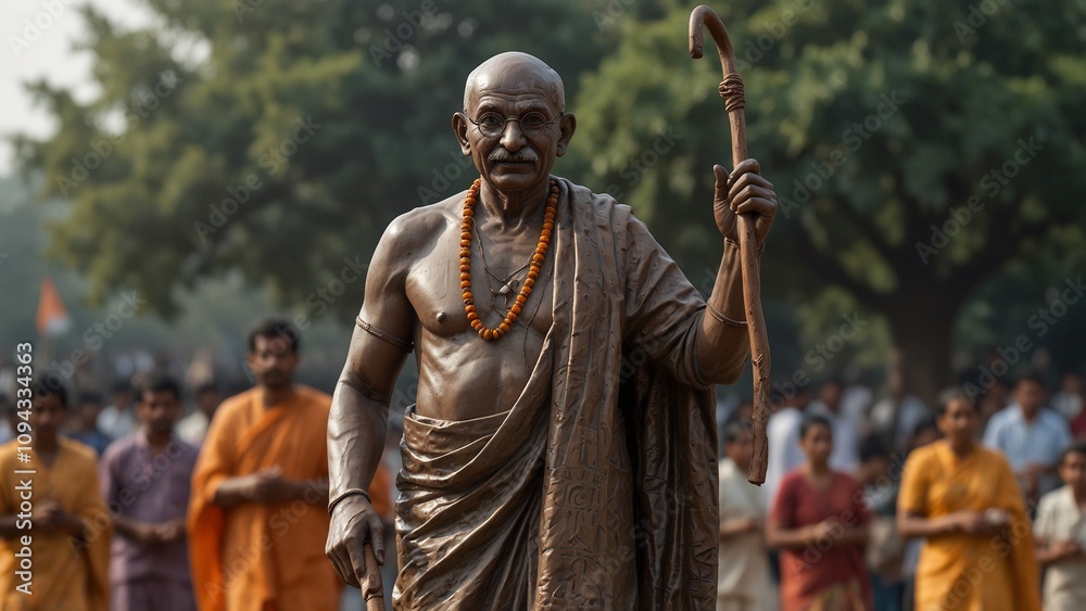 A statue of Mahatma Gandhi, wearing traditional Indian attire, holding ...