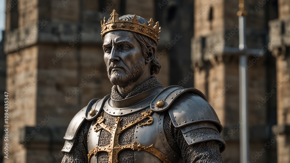 Foto de Stock A statue of King Arthur, wearing medieval English knight ...