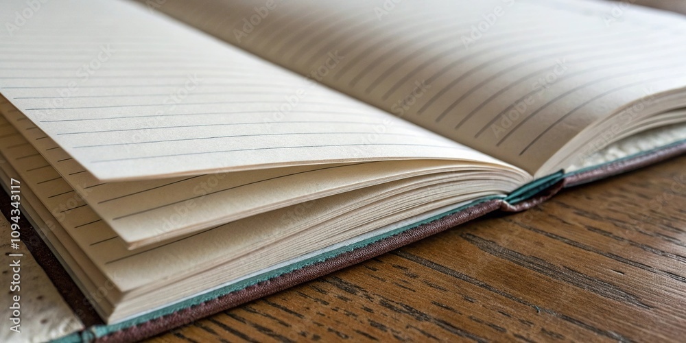 The edge of a notebook with a subtle tear can be seen from above as the ...