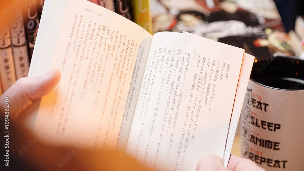 Person read Japanese dark fantasy light novel Redo of Healer, closeup ...