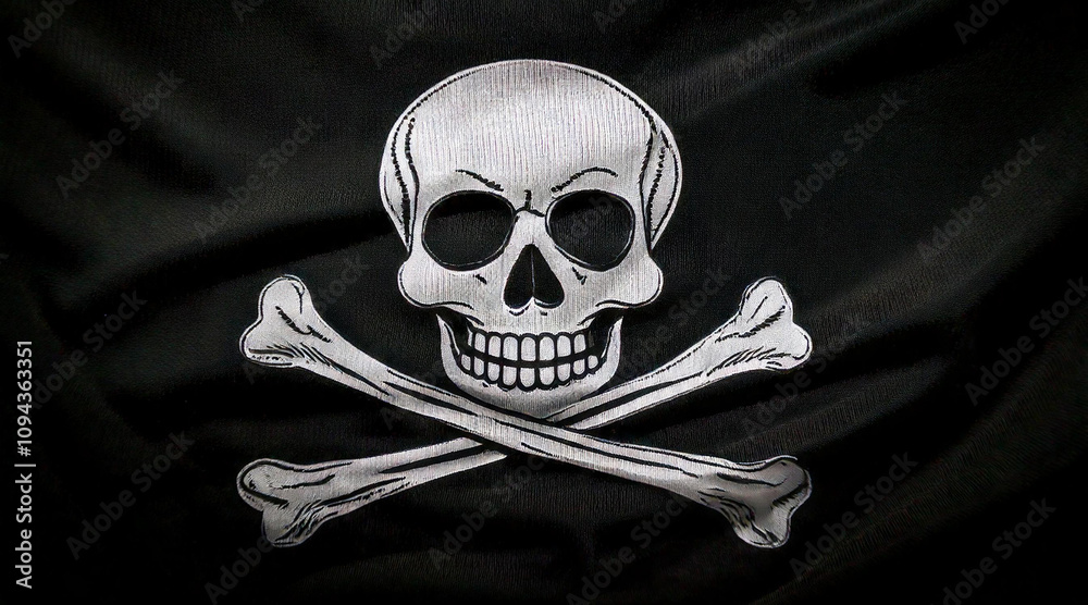 A high-resolution depiction of a classic Jolly Roger pirate flag ...