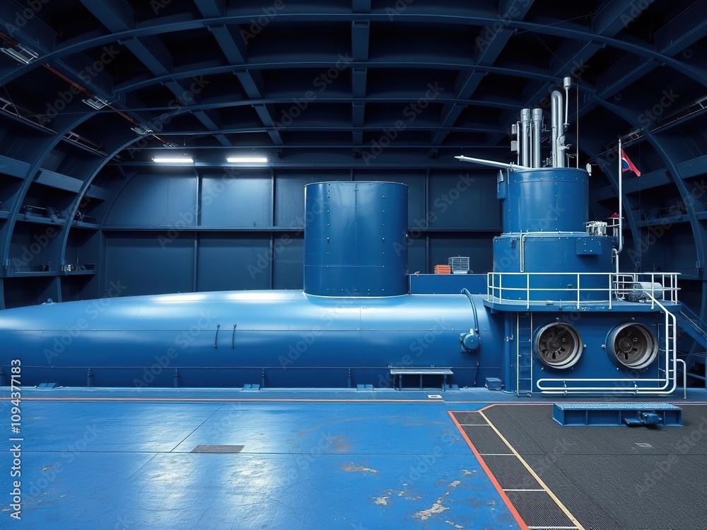 Deep blue submarine hull with nuclear reactors visible on deck ...
