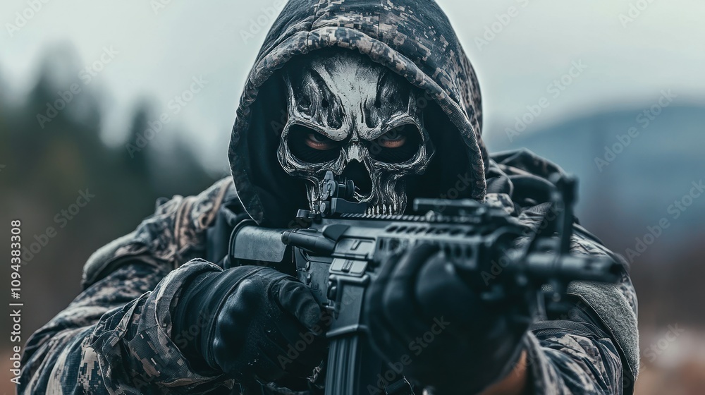 Special soldier wearing skull hood as camouflage aiming assault rifle ...