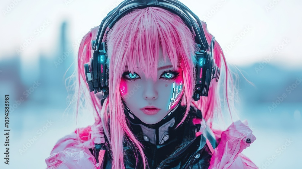 Anime style Girl face Cyborg cosplay in cyberpunk Synthwave technology ...