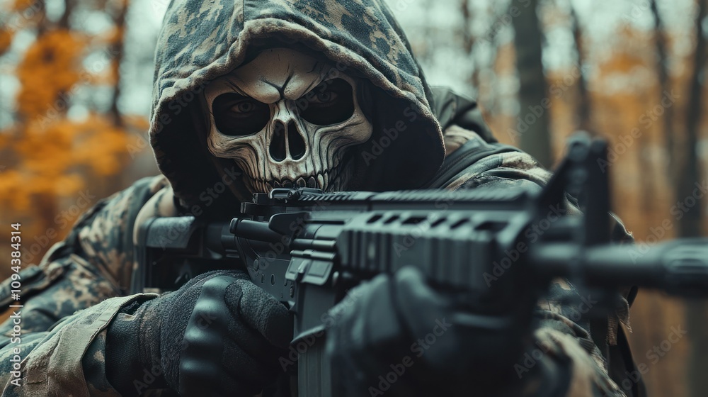Special soldier wearing skull hood as camouflage aiming assault rifle ...