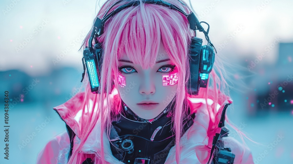 Anime style Girl face Cyborg cosplay in cyberpunk Synthwave technology ...