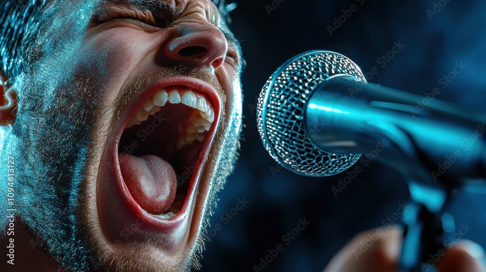 Passionate Male Musician Shouting Aggressively into Microphone on Stage ...