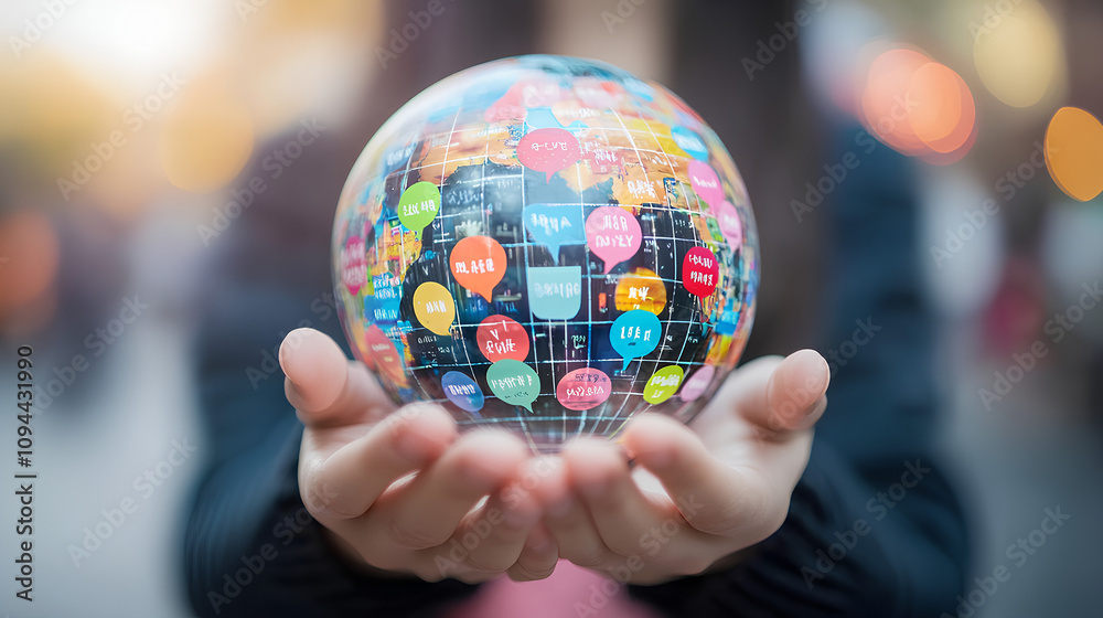 Multilingual Language Translation Technology Concept. A person holding holographic globe with ...