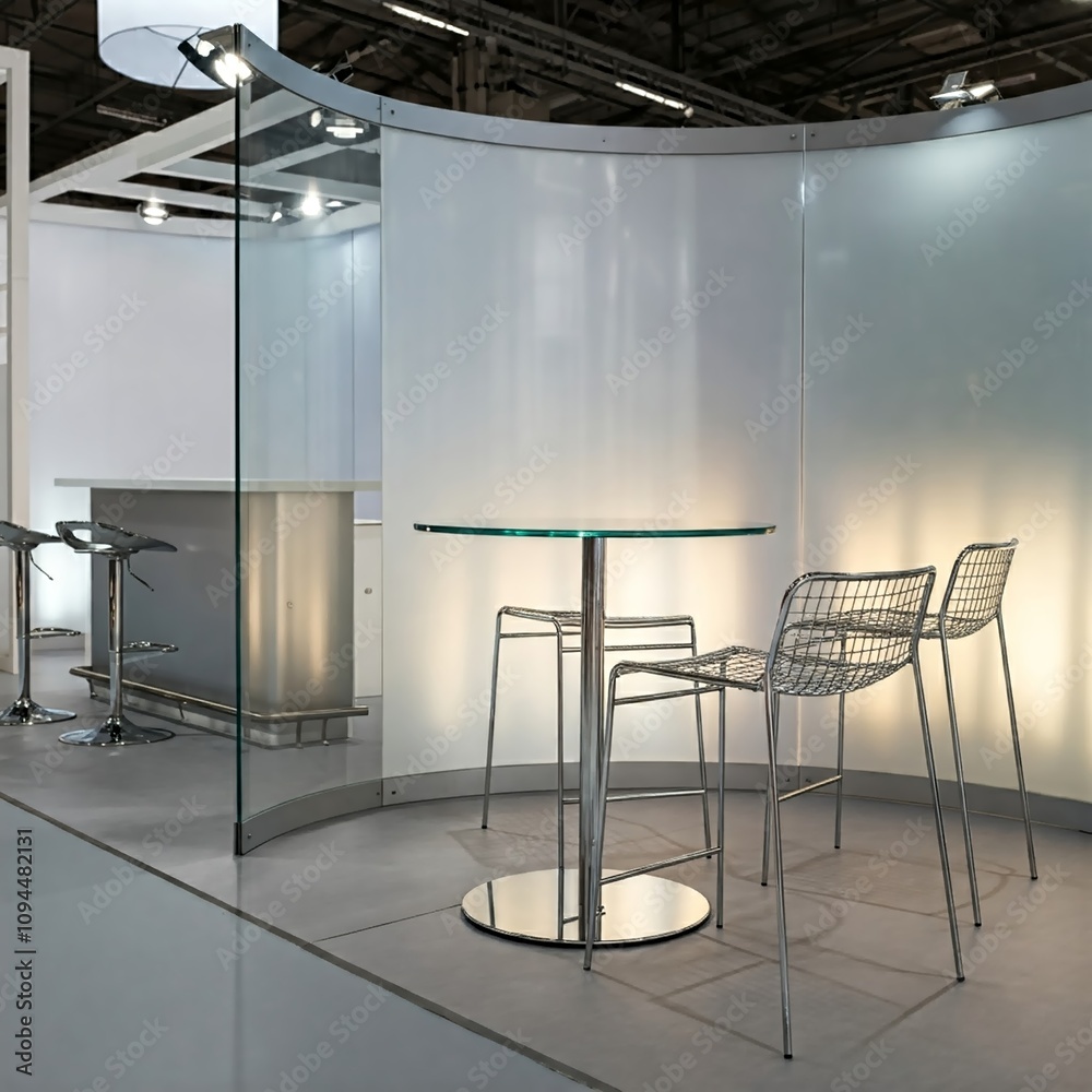 Modern, minimalist exhibition stand featuring a round glass table, bar ...