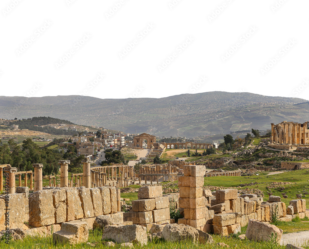 Roman ruins (carved on white background) in the Jordanian city of ...