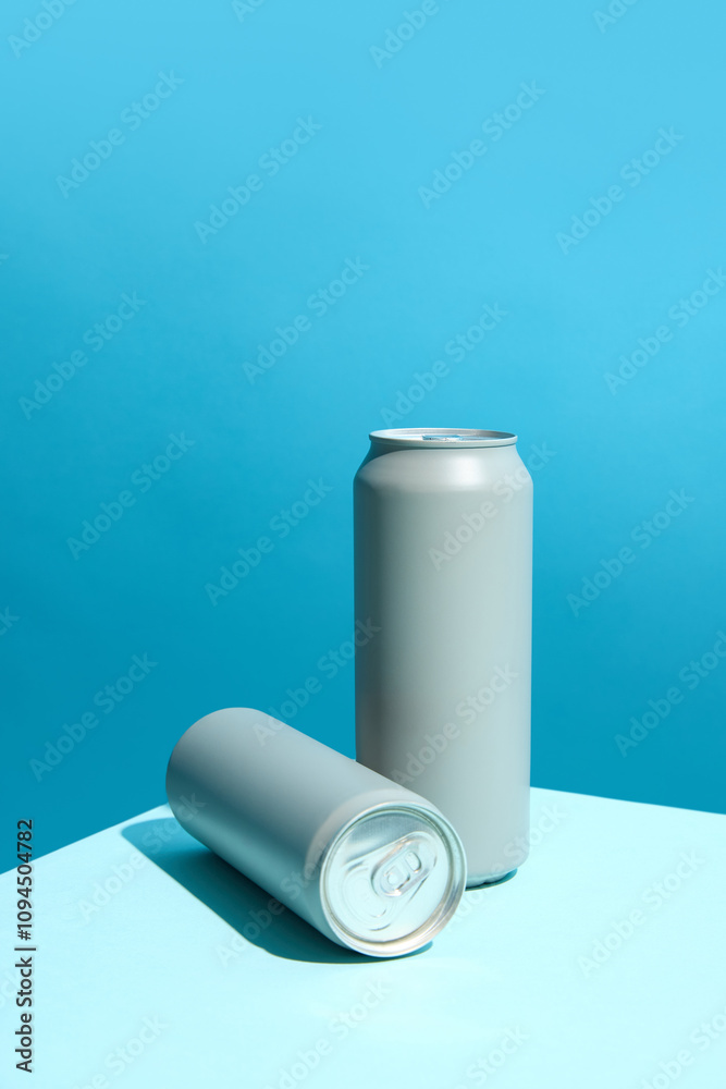 Two gray aluminum beverage cans for soda, beer, energy drinks, against ...