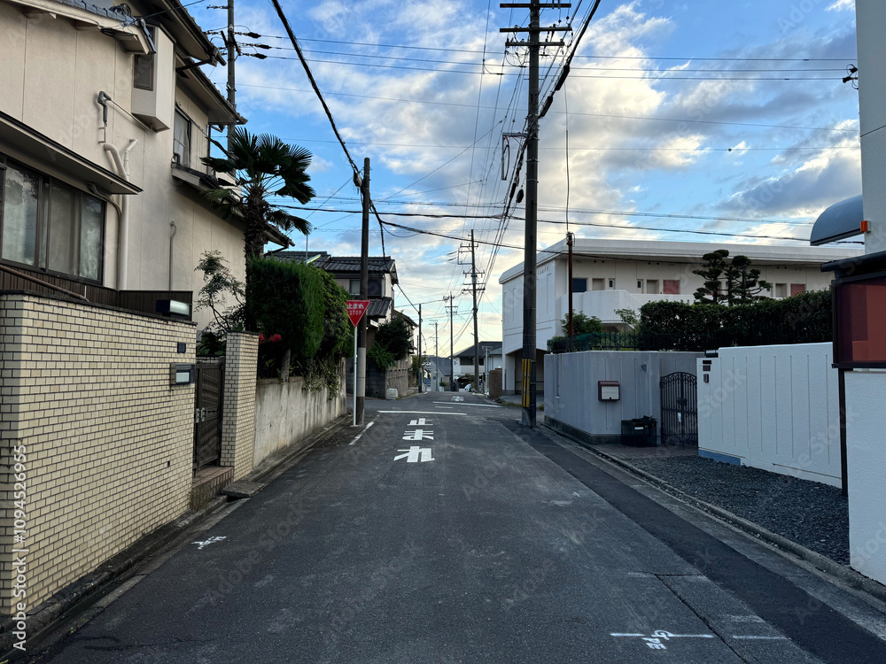 Japanese city street - residential neighborhood with houses, driveways ...